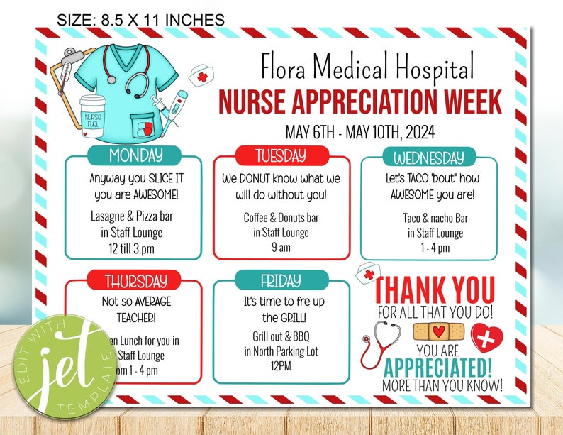 Editable Nurse Appreciation Week Itinerary Template, Heart Medical ...