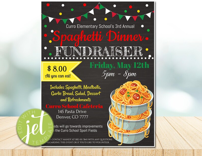 EDITABLE Spaghetti Dinner Event Fundraiser Flyer, PTA, PTO, School ...