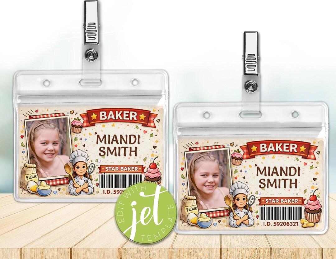 Girl Baker ID Card Printable, Kids Pretend Play Bakery Badge, Instant ...