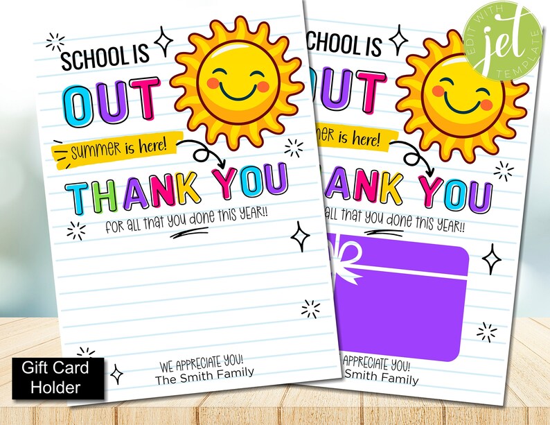 Editable End of Year Teacher Gift Card Holder Summer Thank You Gift ...