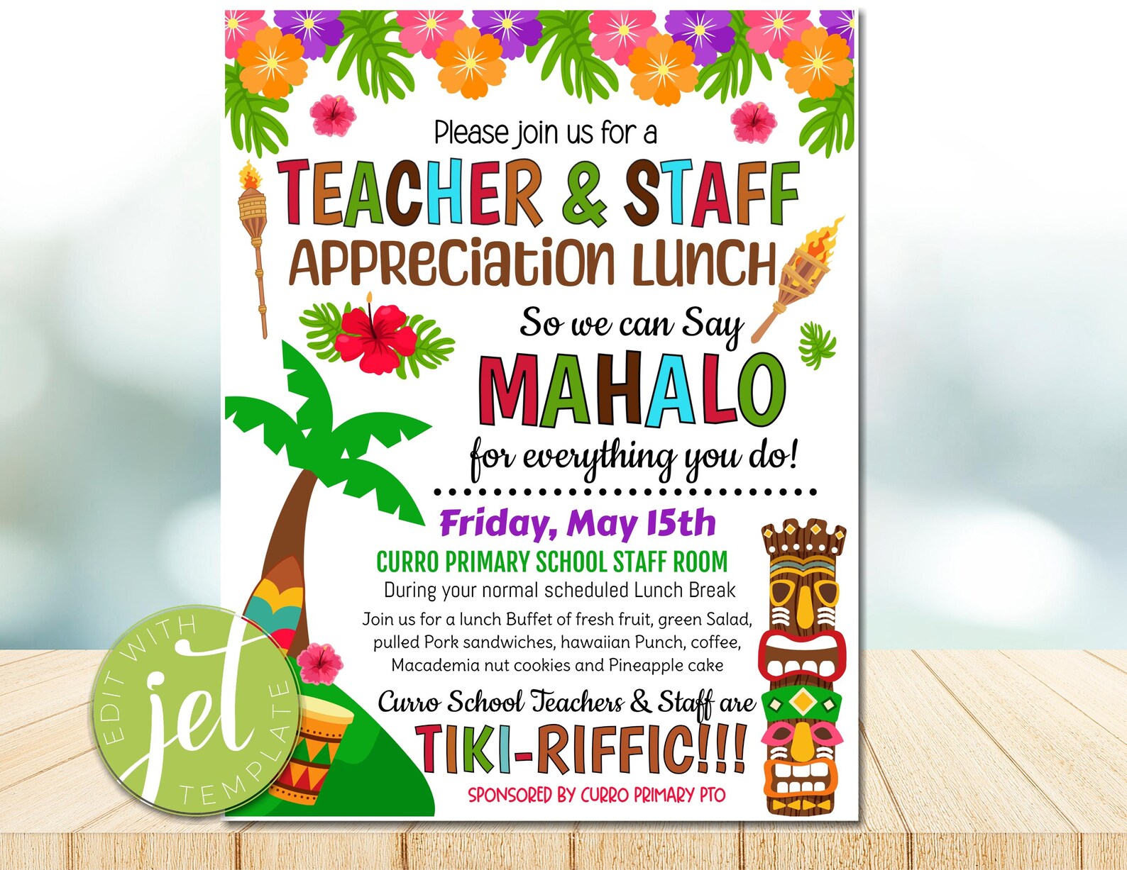 EDITABLE Mahalo Teacher Appreciation Staff Invitation, Hawaiian Luau ...