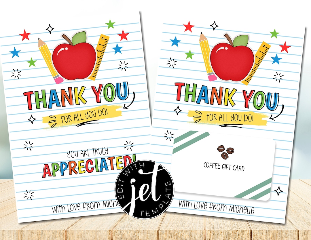 Editable Thank You Gift Card Holder, Printable Teacher Appreciation ...