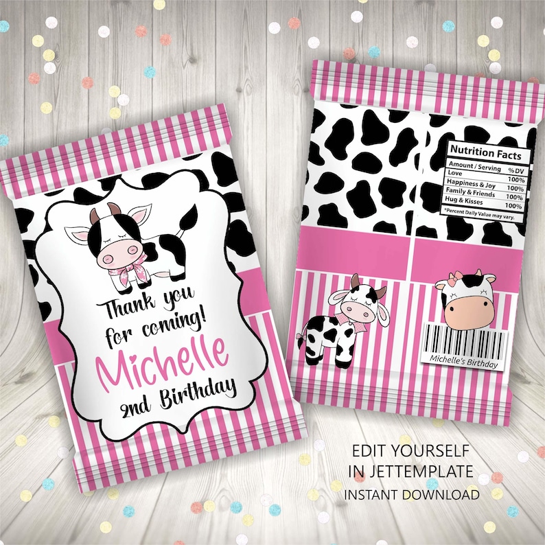 Editable Cow Chip Bags, Cow Birthday Party, Girl Farm Party Favors ...