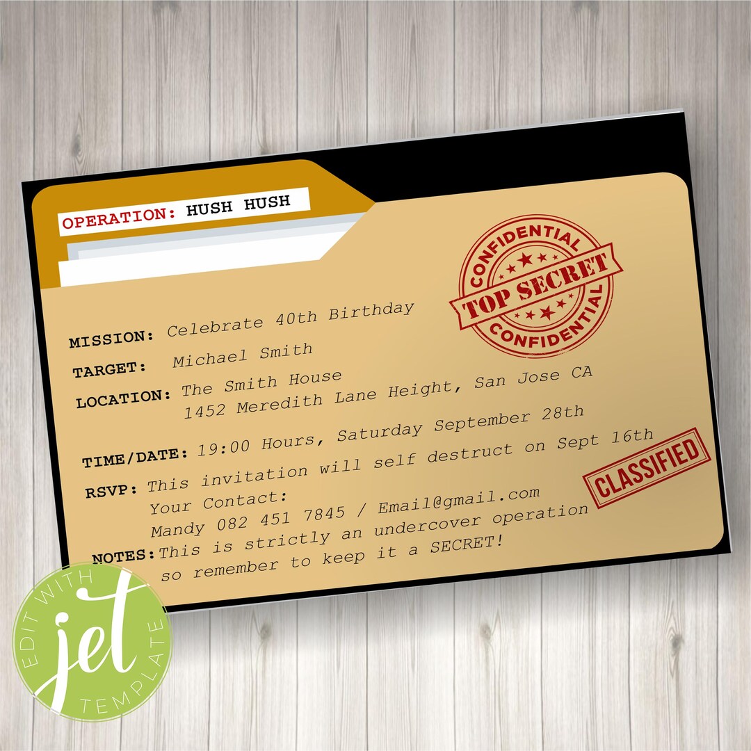 Editable Funny Op Secret Agent Mission Surprise Party Invitation ...