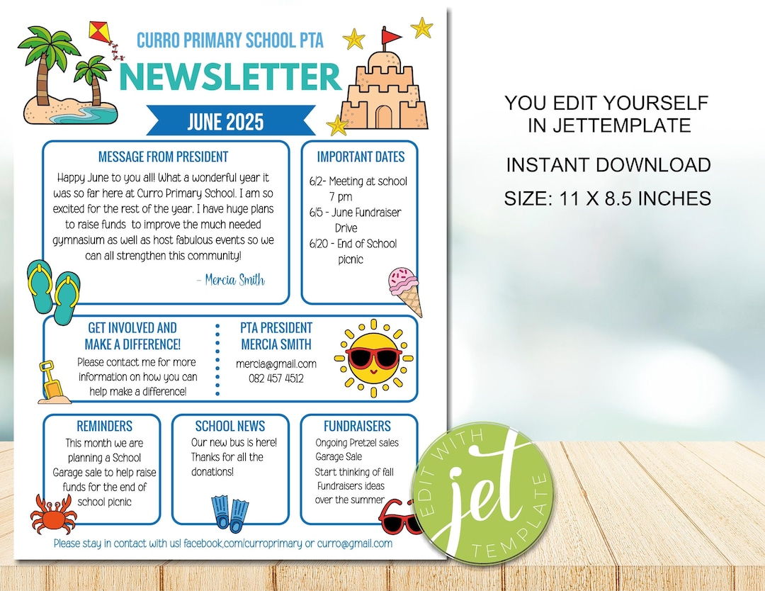 Editable June Newsletter Template, PTO PTA Summer Newsletter, School ...