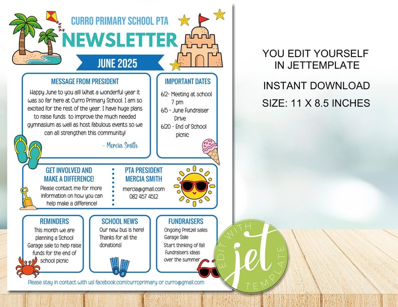 Editable June Newsletter Template, PTO PTA Summer Newsletter, School ...
