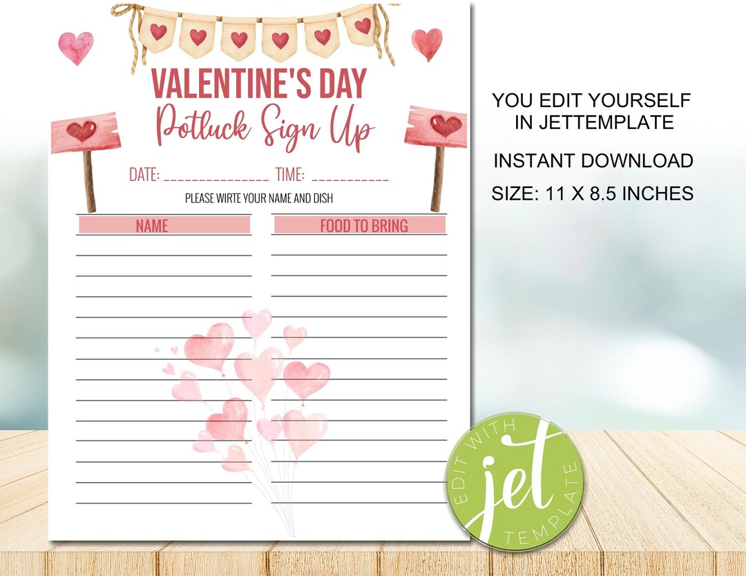 Editable Valentine Day Potluck Sign up Sheet Printable, Galentine ...