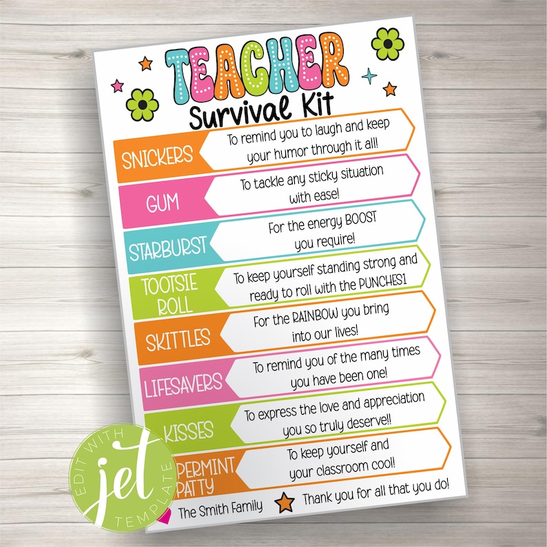 Editable Teacher Survival Kit Tag, Goody Bag, Funny Teacher and Staff ...