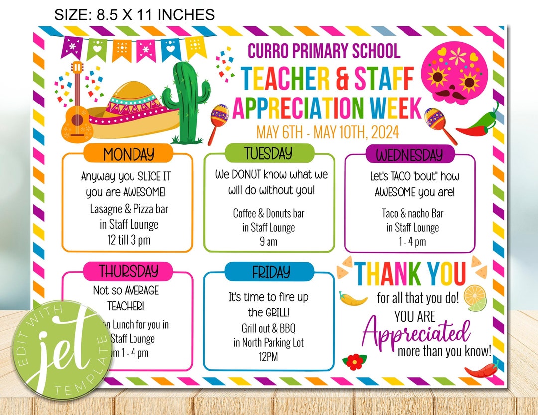 EDITABLE Teacher & Staff Appreciation Week Flyer, Itinerary Week Invite ...