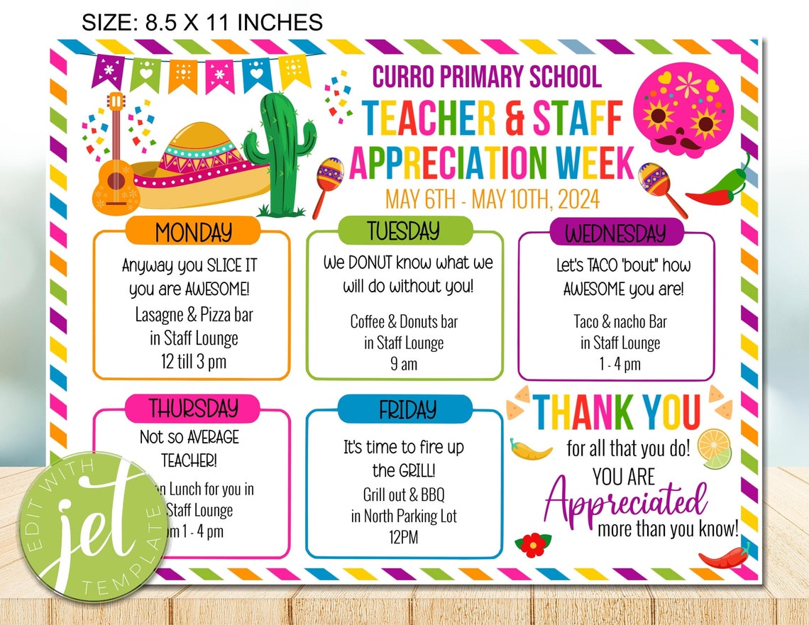 EDITABLE Teacher & Staff Appreciation Week Flyer, Itinerary Week Invite ...