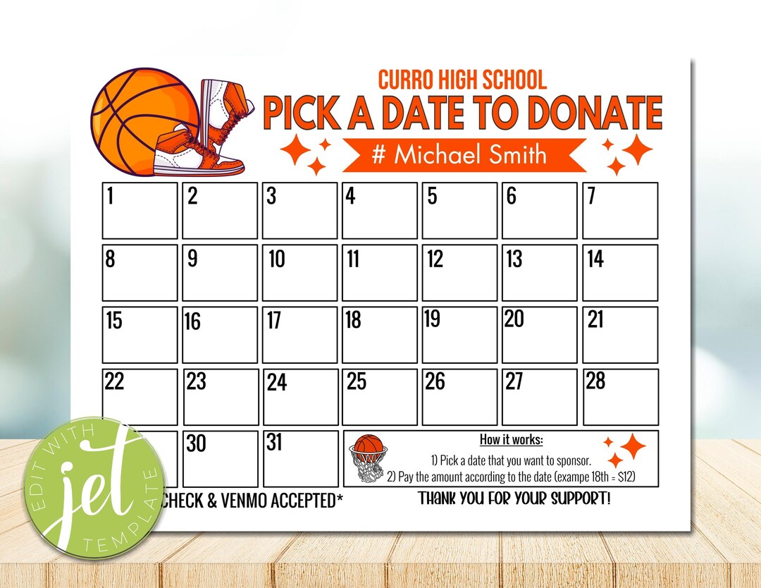 Editable Basketball Calendar Pick a Date to Donate Fundraiser Template ...