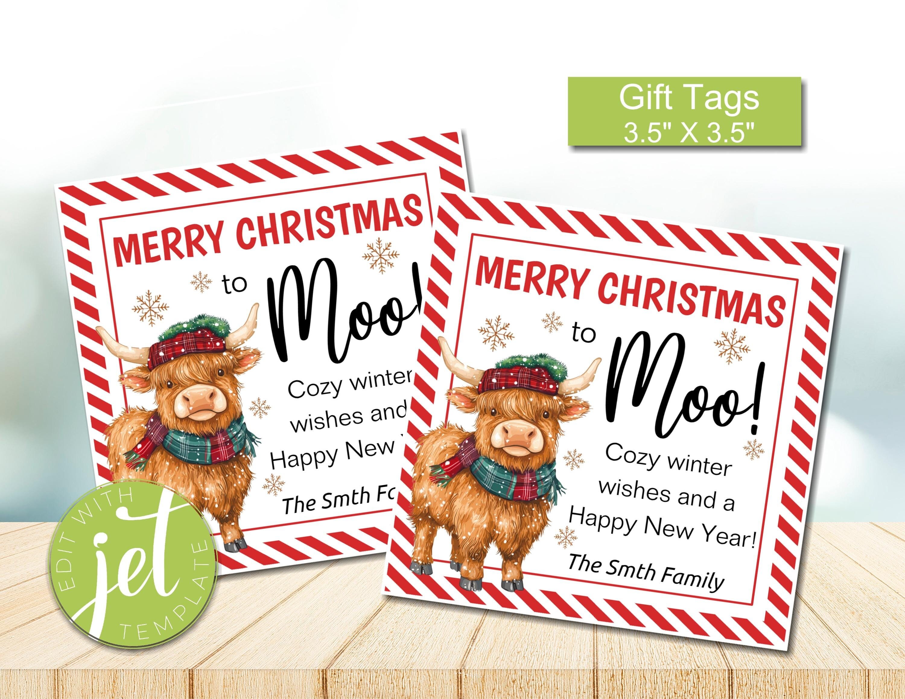 Editable Christmas Cow Gift Tags, Merry Christmas to Moo, Secret Santa ...