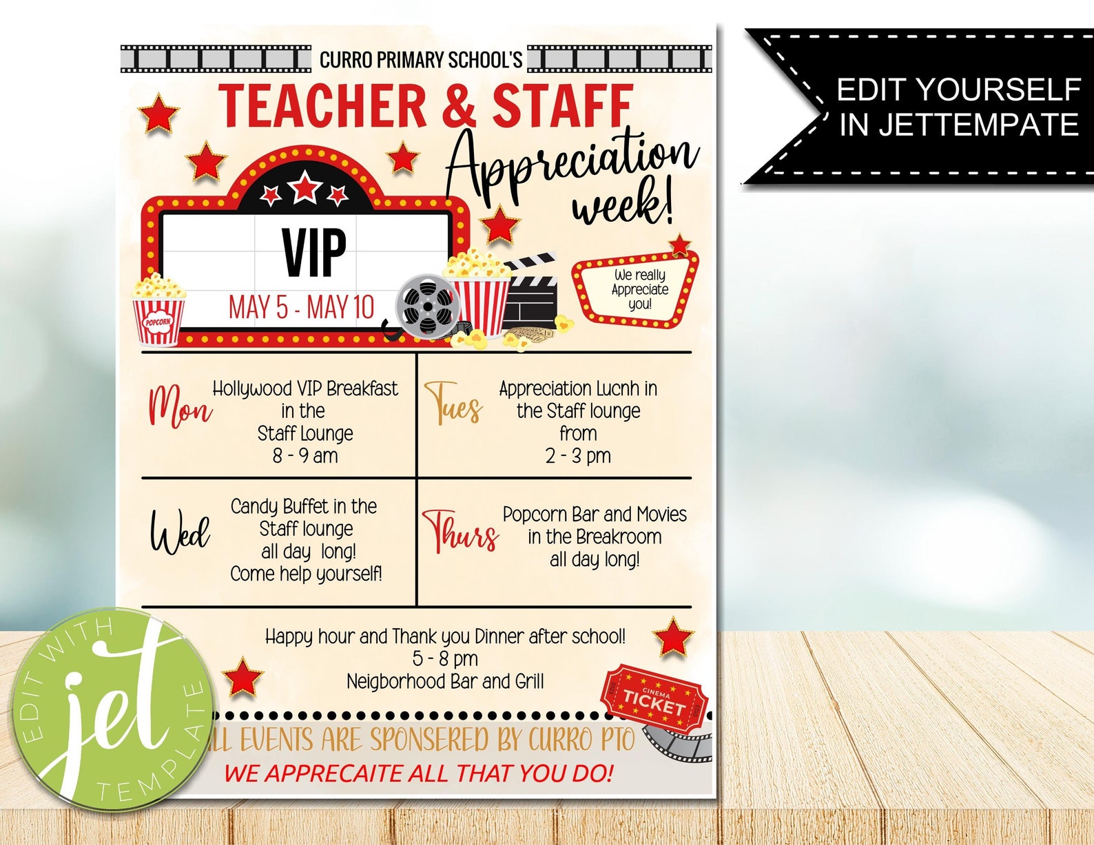EDITABLE Hollywood Teacher Appreciation Week Itinerary Flyer Movie ...