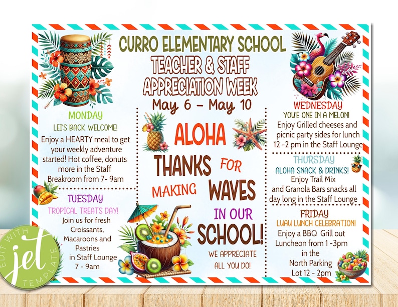 EDITABLE Tropical Teacher Appreciation Week Schedule, Luau Theme Staff ...