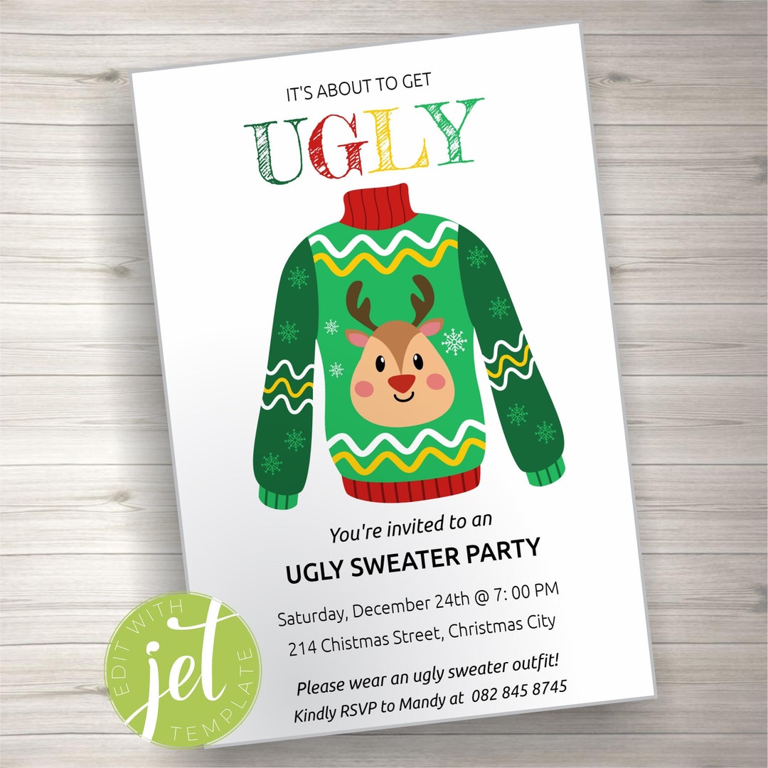 Editable Ugly Christmas Sweater Party Invitation, Ugly Sweater Party ...