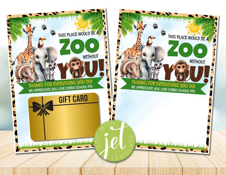 Editable Jungle Zoo Theme Thank You Gift Card Holder, Staff Teacher ...