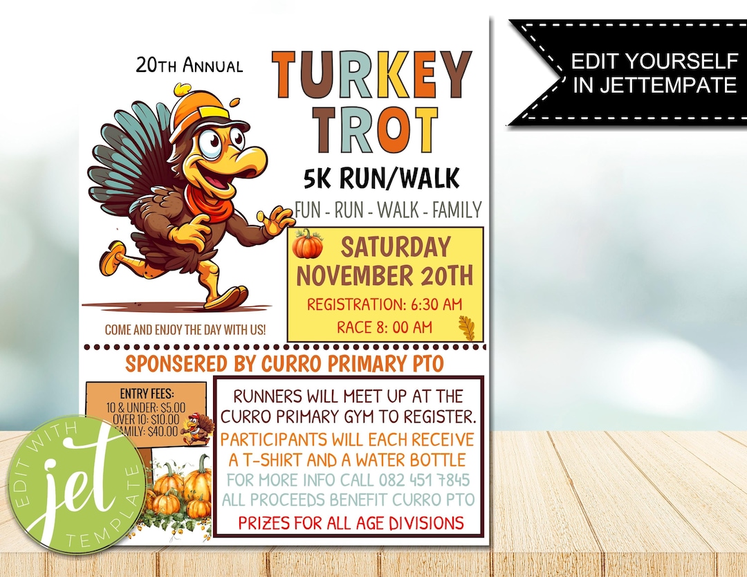 EDITABLE Thanksgiving Turkey Trot Flyer, 5k Run Walk Race, Community ...