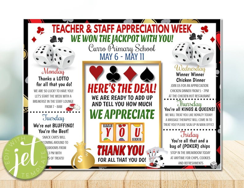Editable Casino Themed Teacher Appreciation Week Itinerary Flyer ...
