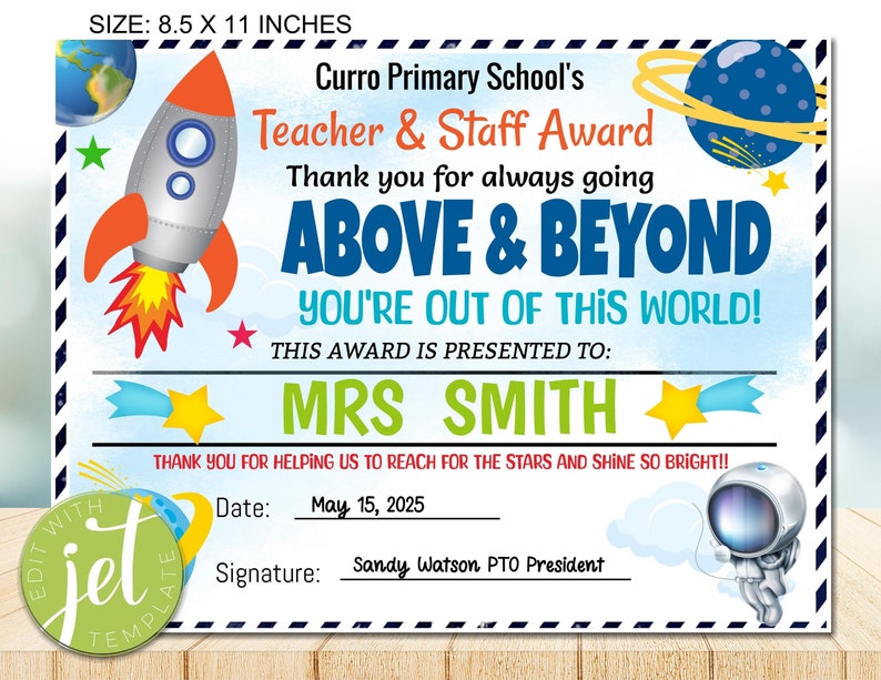EDITABLE Outer Space Theme Teacher Appreciation Week Award Certificates ...