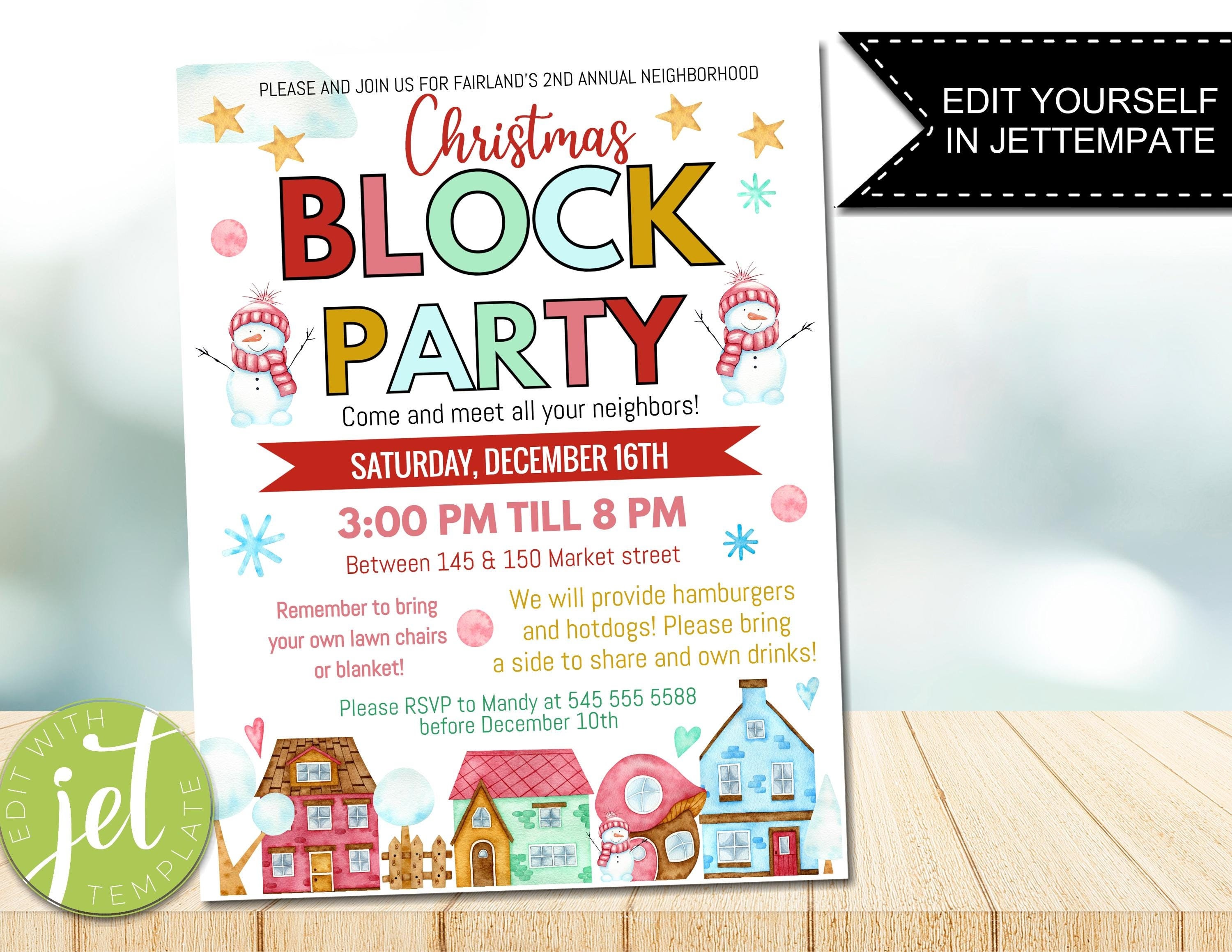EDITABLE Christmas Block Party Flyer Template, Block Party Invite ...