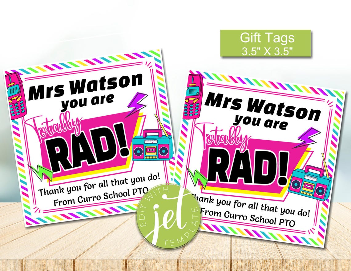 Editable 80s 90s Theme Gift Tags, Teacher Staff Appreciation, Digital ...