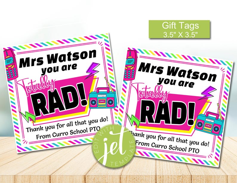 EDITABLE Totally 80s 90s Theme Printable Gift Tags, Staff Teacher ...