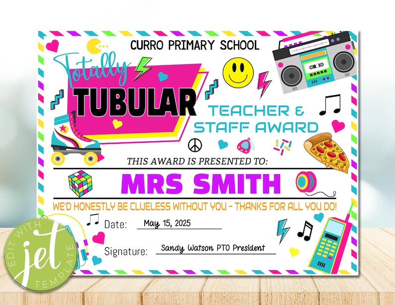 EDITABLE Totally Rad 80s 90s Theme Teacher Appreciation Week Award ...