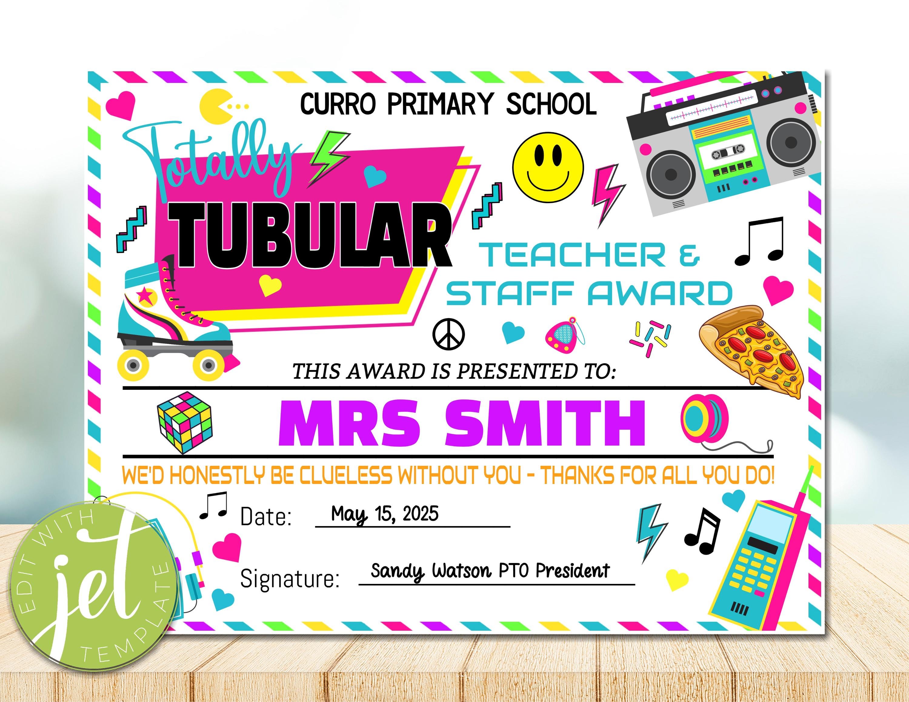 EDITABLE Totally Rad 80s 90s Theme Teacher Appreciation Week Award ...