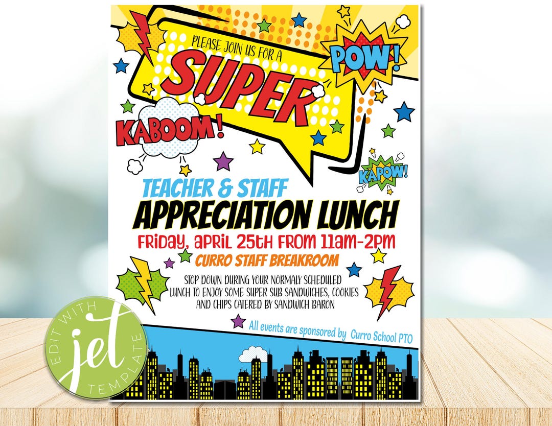 EDITABLE Superhero Theme Teacher Appreciation Staff Invitation, Instant ...