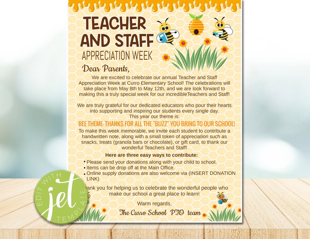Bee Theme Teacher Appreciation Week Letter to Parents & Staff Schedule ...