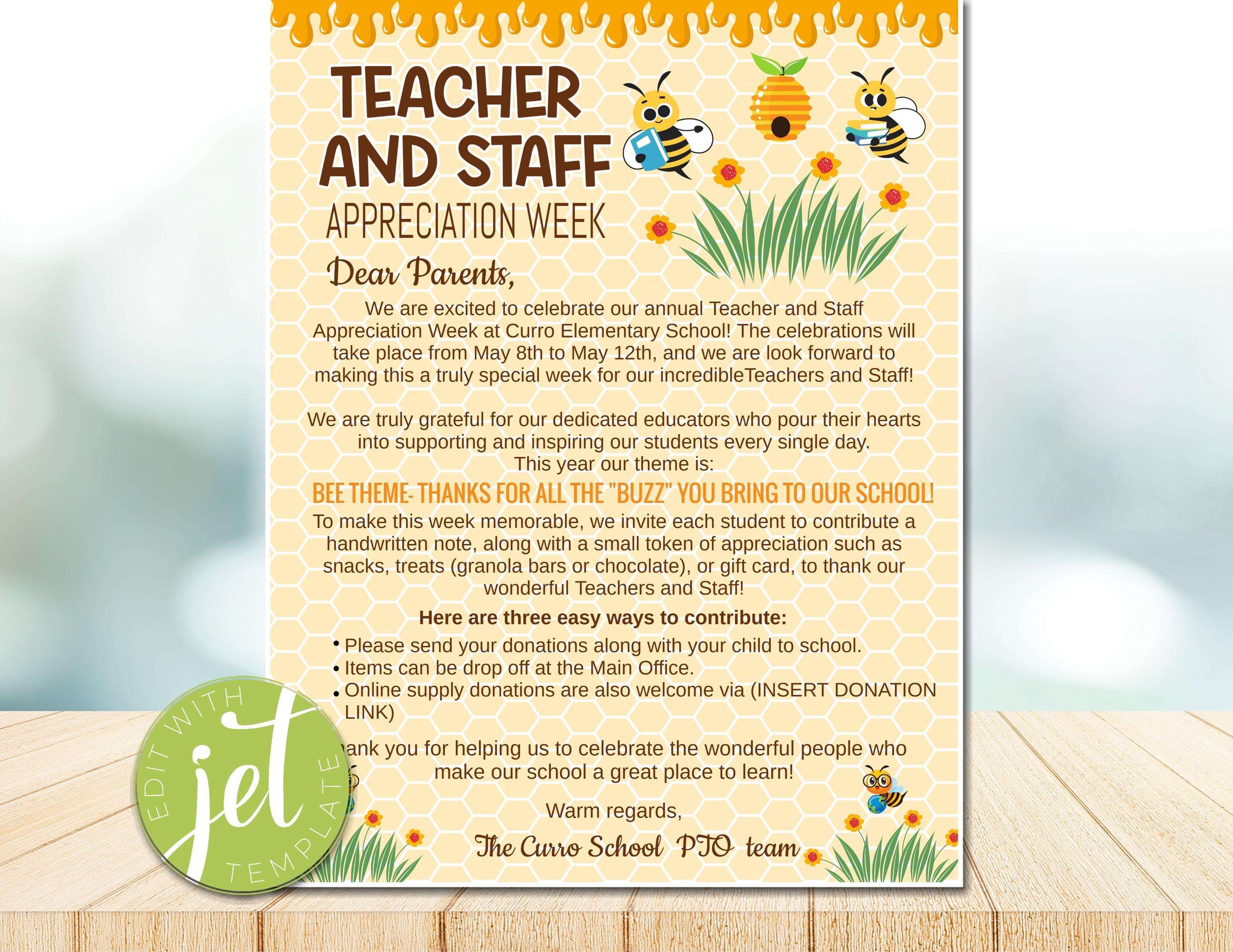 Bee Theme Teacher Appreciation Week Letter to Parents & Staff Schedule ...