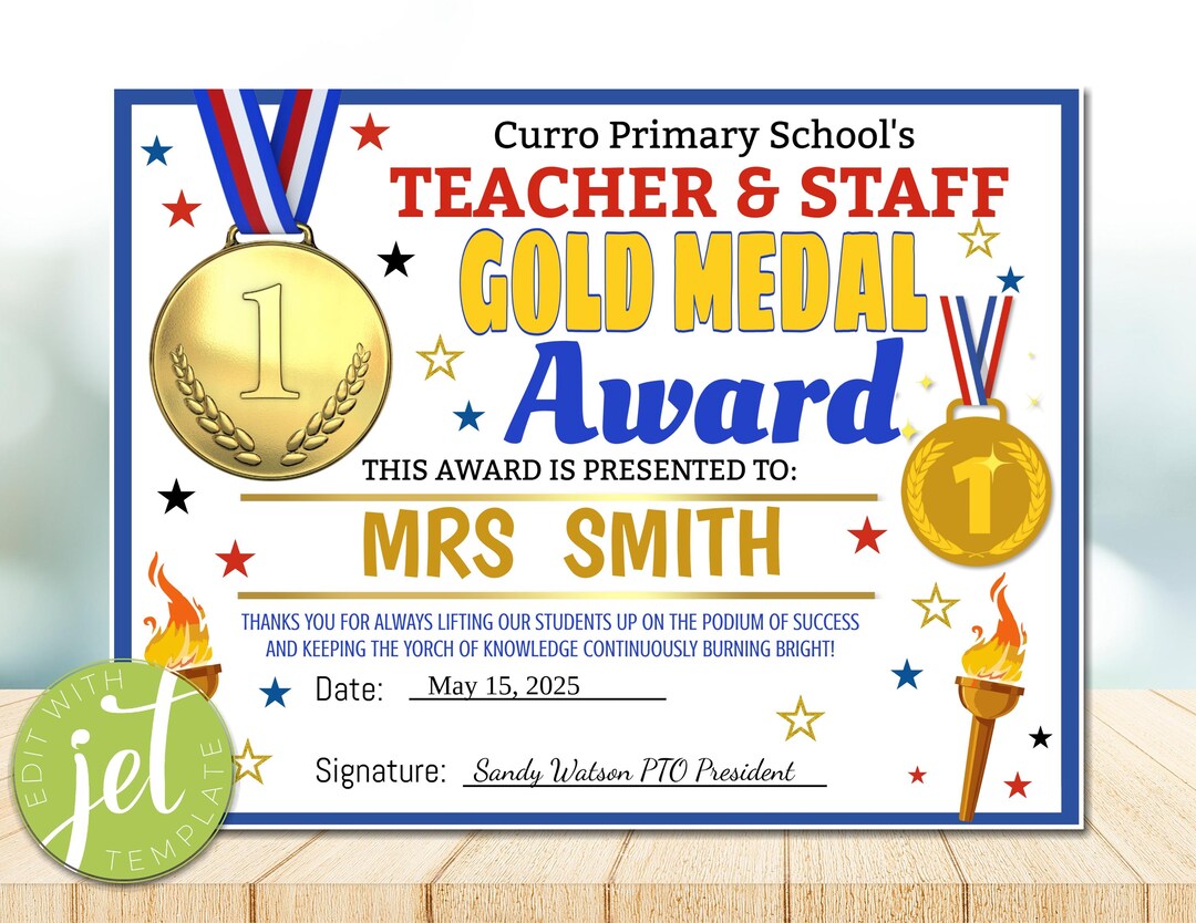EDITABLE Gold Medal Theme Teacher Appreciation Week Award Certificates ...