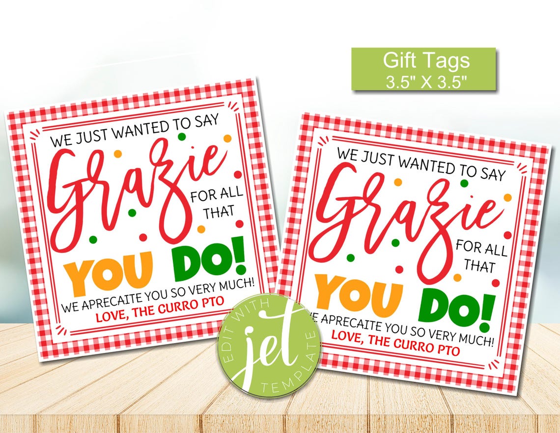 Editable Grazie Gift Tags, Grateful for You,italian Appreciation Lunch ...