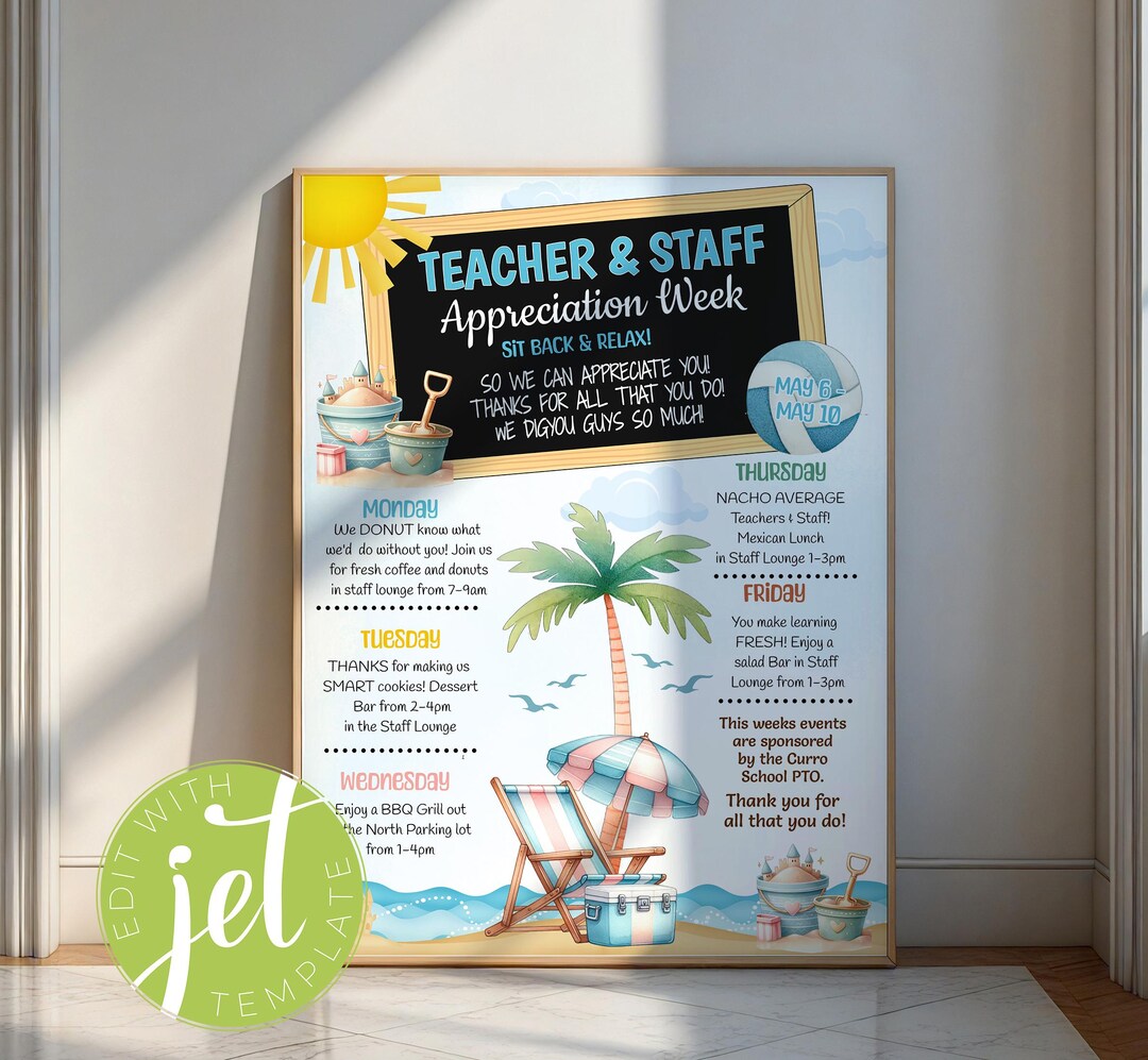 Editable Beach Themed Teacher Appreciation Week Itinerary Coastal Sea ...