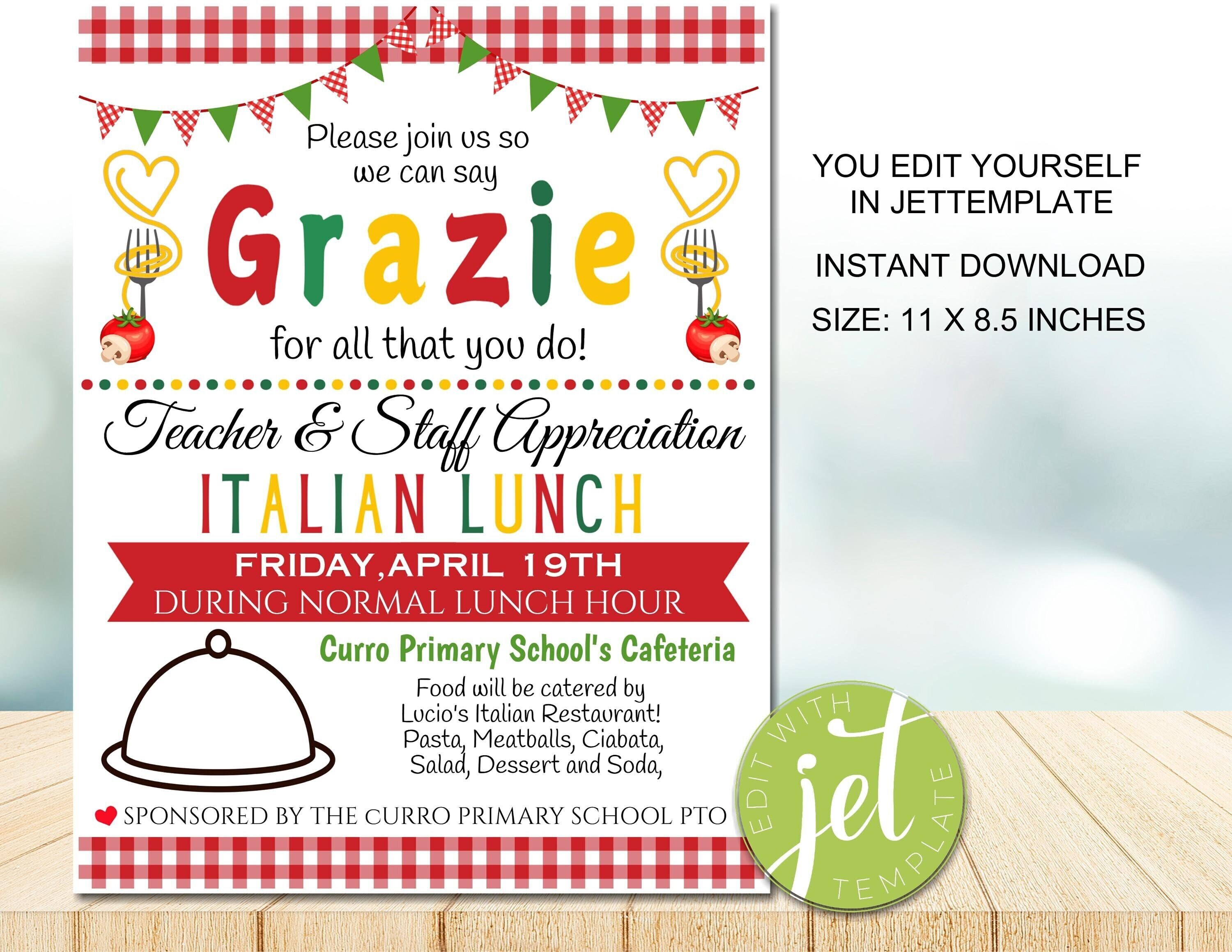 EDITABLE Italian Luncheon Teacher Appreciation Week Staff Invitation ...