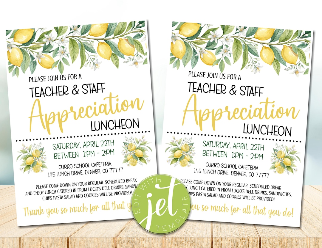 Editable Teacher Appreciation Week Luncheon Invite, Yellow Lemons Theme ...