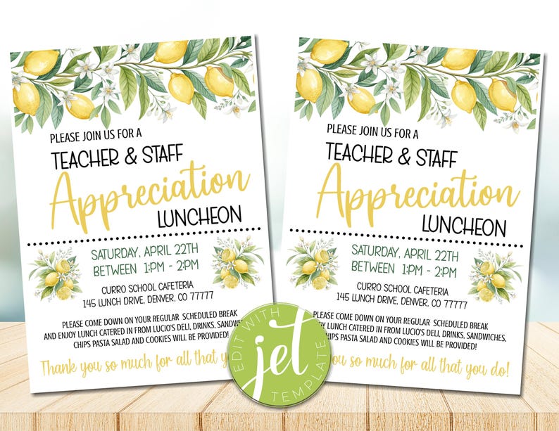 Editable Teacher Appreciation Week Luncheon Invite, Yellow Lemons Theme ...
