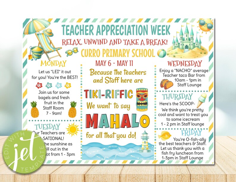 EDITABLE Beach Themed Teacher Appreciation Week Itinerary Flyer ...