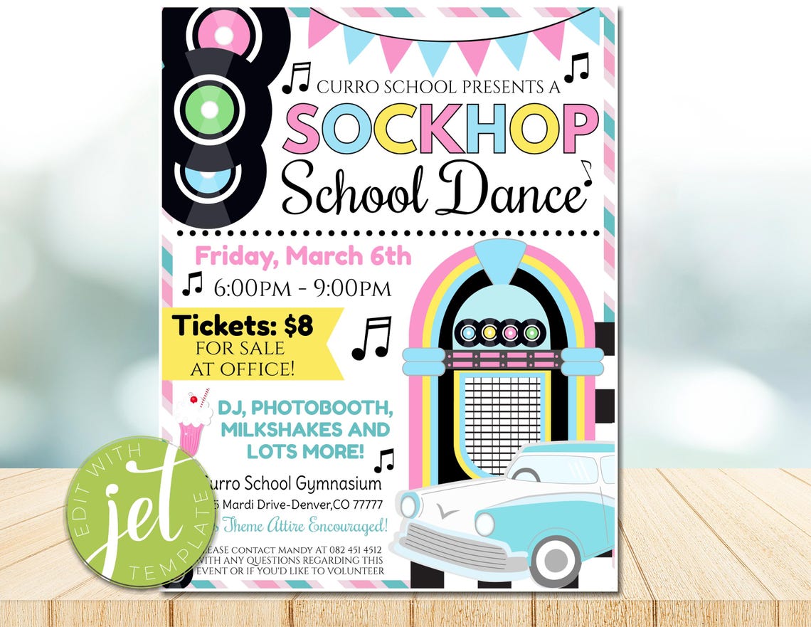 EDITABLE 50's Theme Sock Hop School Dance Invite Set, Sock Hop Form ...