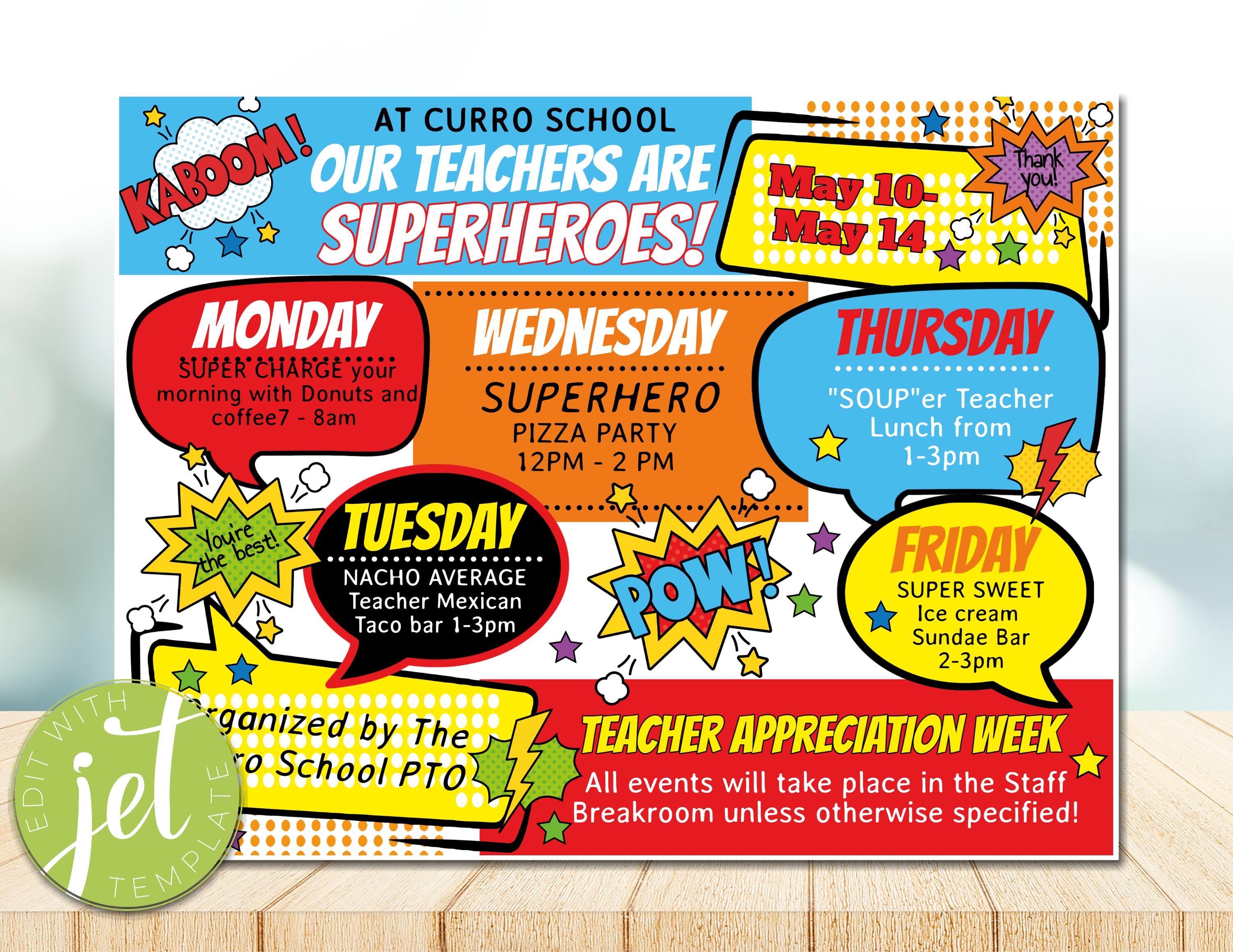 EDITABLE Superhero Theme Teacher Appreciation Week, Week Itinerary ...