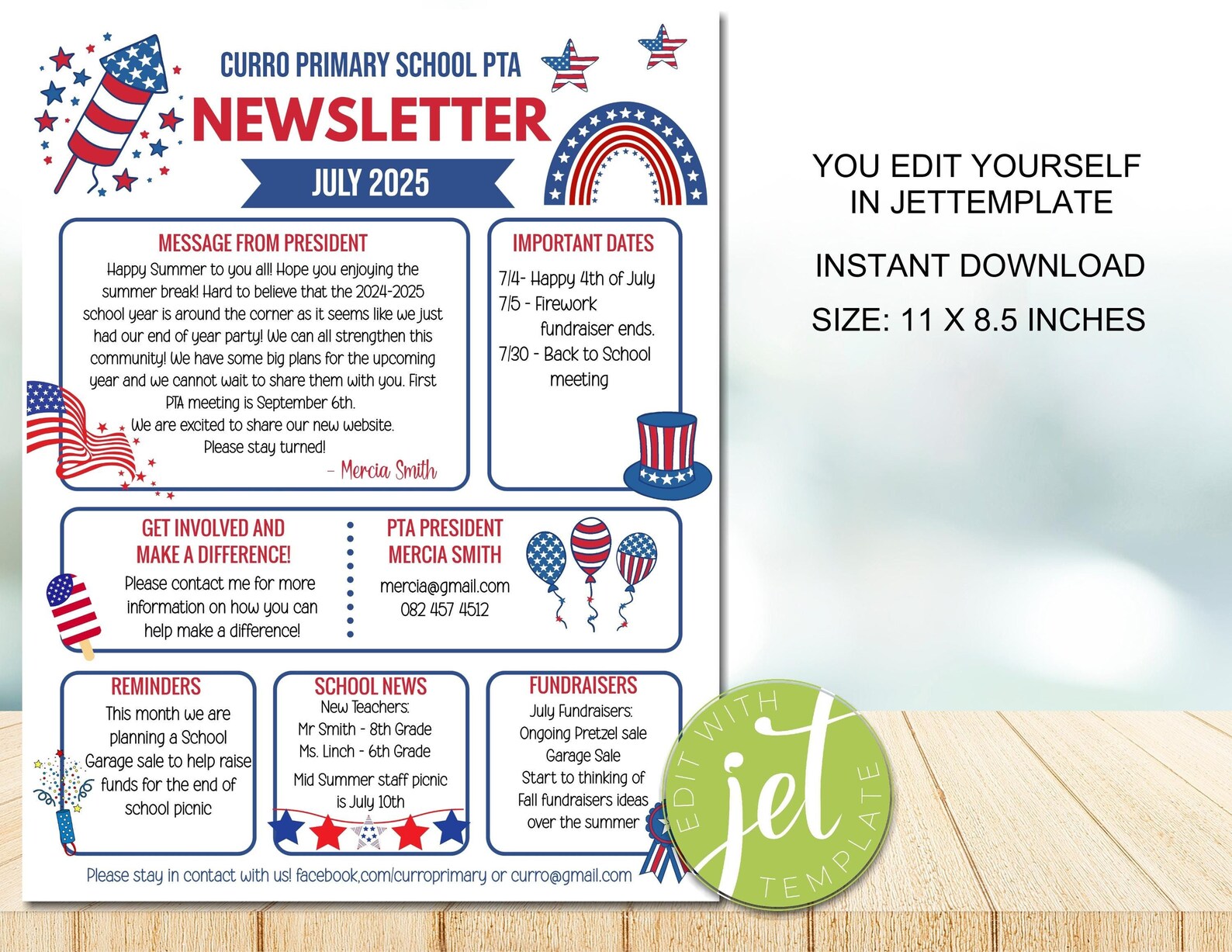 Editable July 4th School Newsletter Template, PTO PTA, Instant Download ...