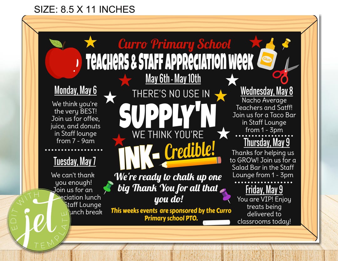 EDITABLE Teacher Appreciation Week Itinerary Flyer, Thank You Teachers ...