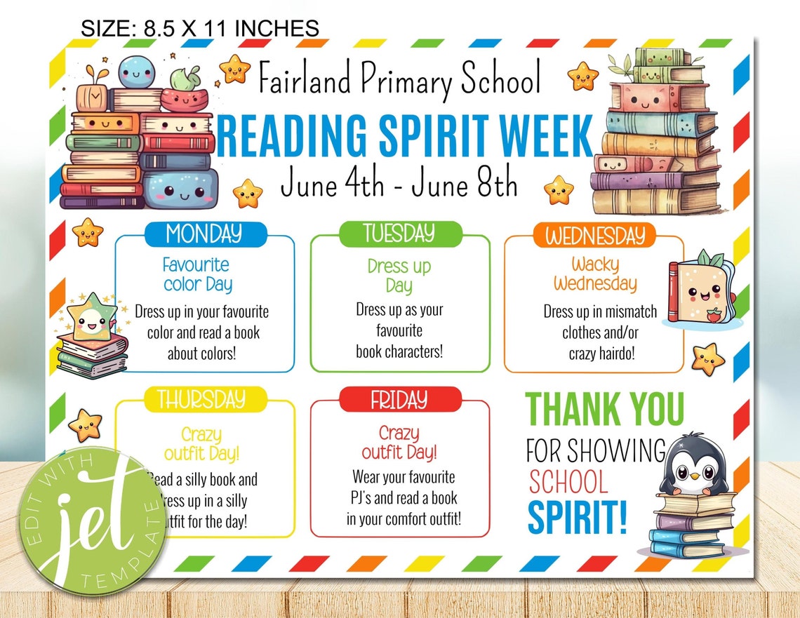 EDITABLE Reading Spirit Week Flyer, Literacy Itinerary Self Editing ...