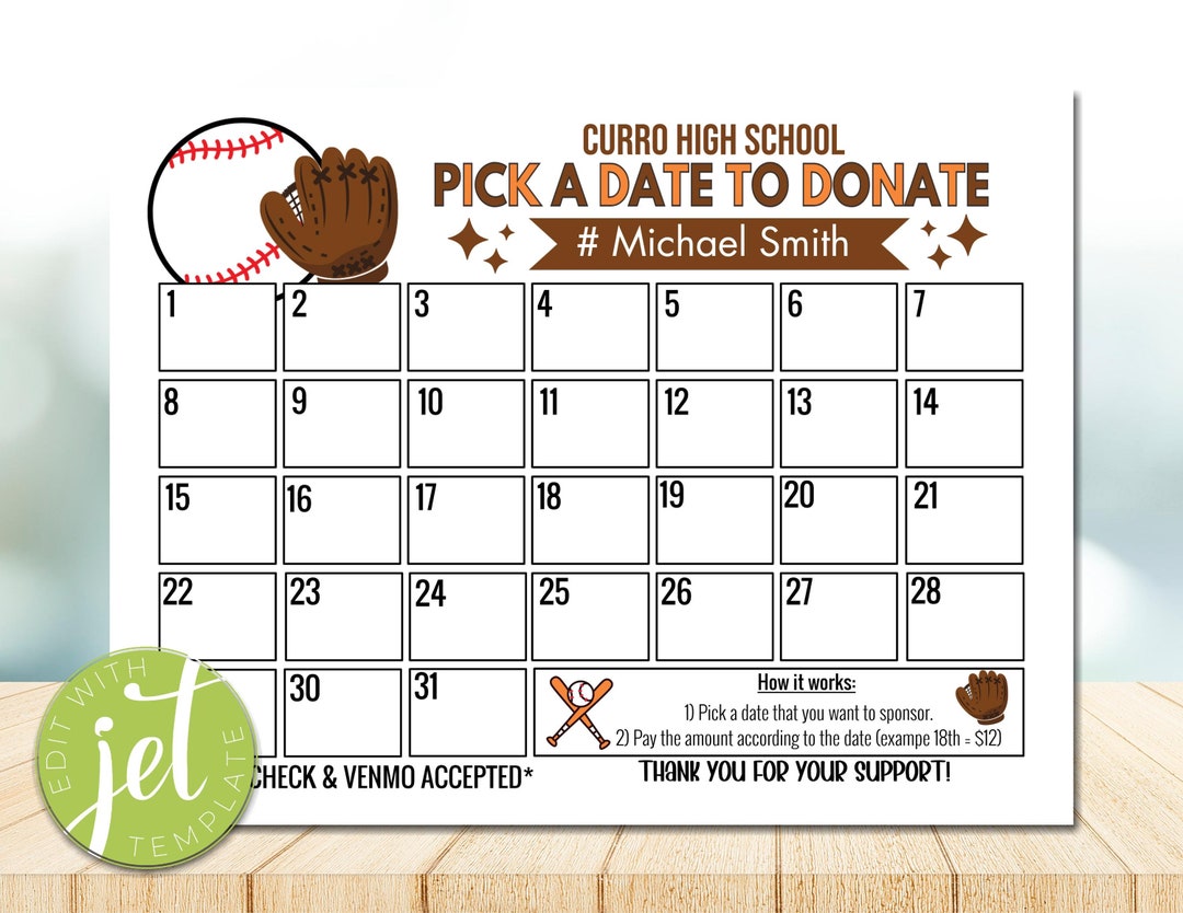 Editable Baseball Calendar Pick a Date to Donate Fundraiser Tracker ...