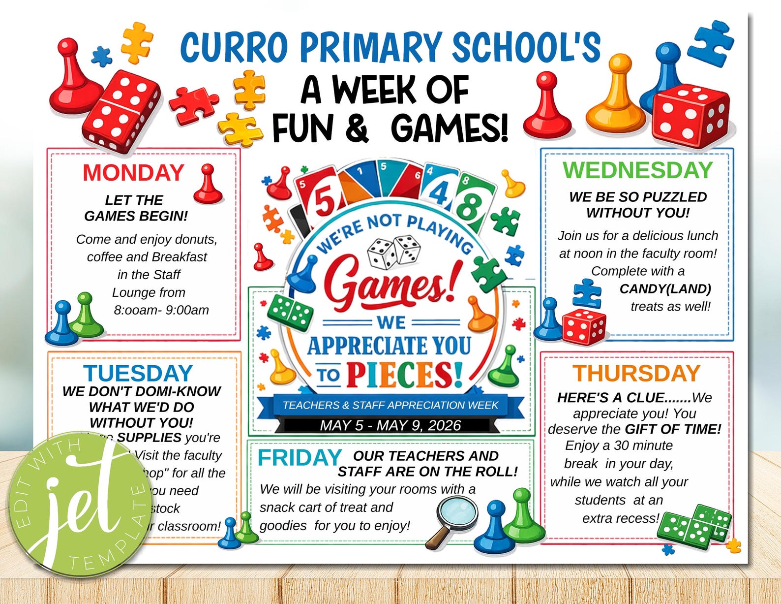 Editable Games Theme Teacher Appreciation Week Itinerary Flyer, Instant ...