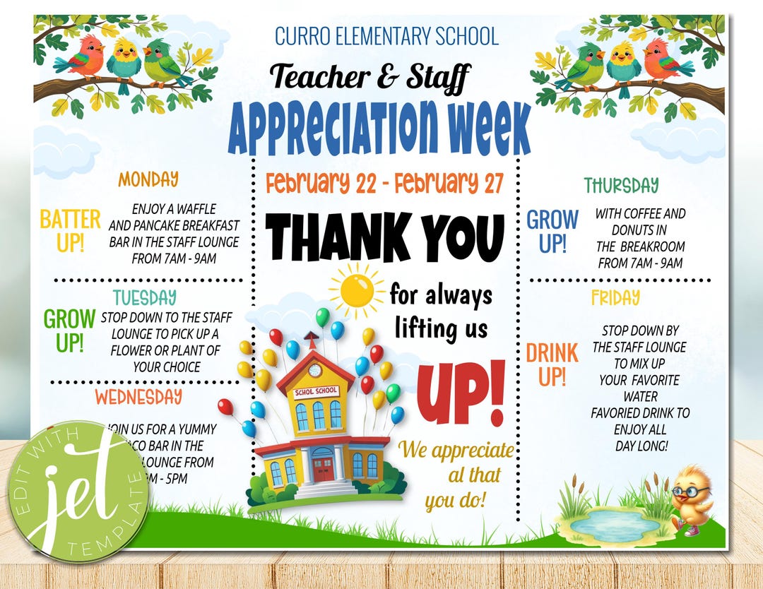 EDITABLE Lift Us up Teacher and Staff Appreciation Week, Itinerary ...