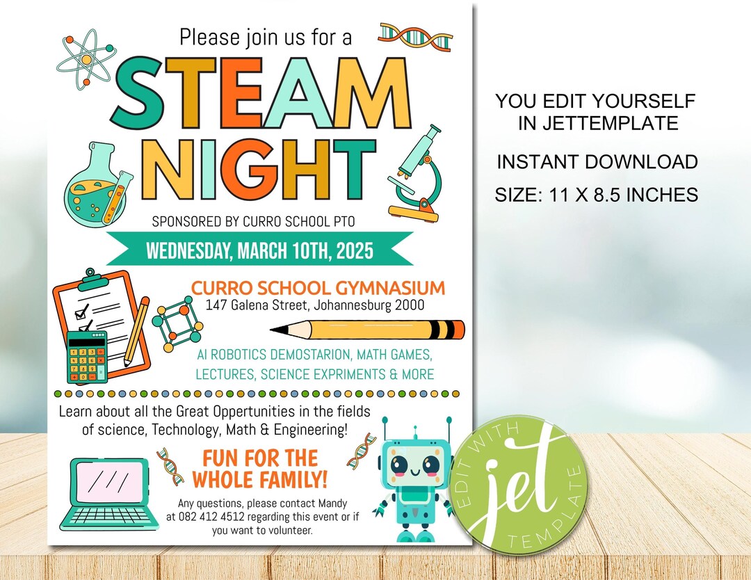 Family Steam Night Flyer, School PTA PTO Flyer, Community Church ...