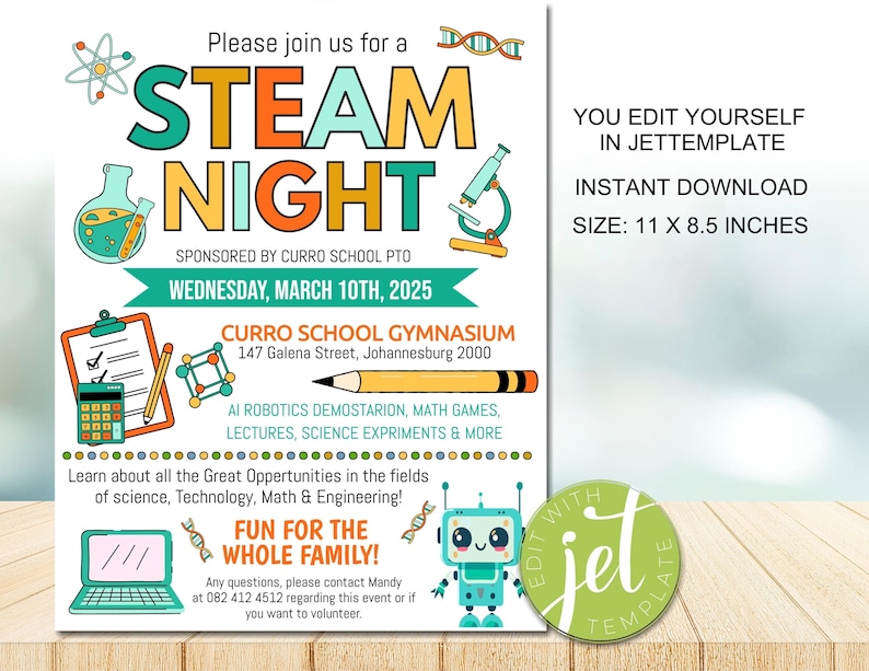 Family Steam Night Flyer, School PTA PTO Flyer, Community Church ...