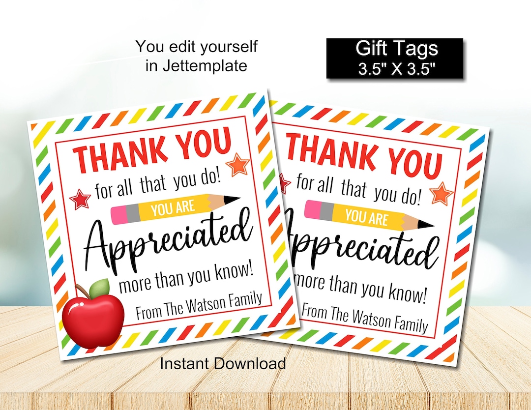 Editable Teacher Appreciation Tags, Teacher Thank You Gift Tag, Thank ...