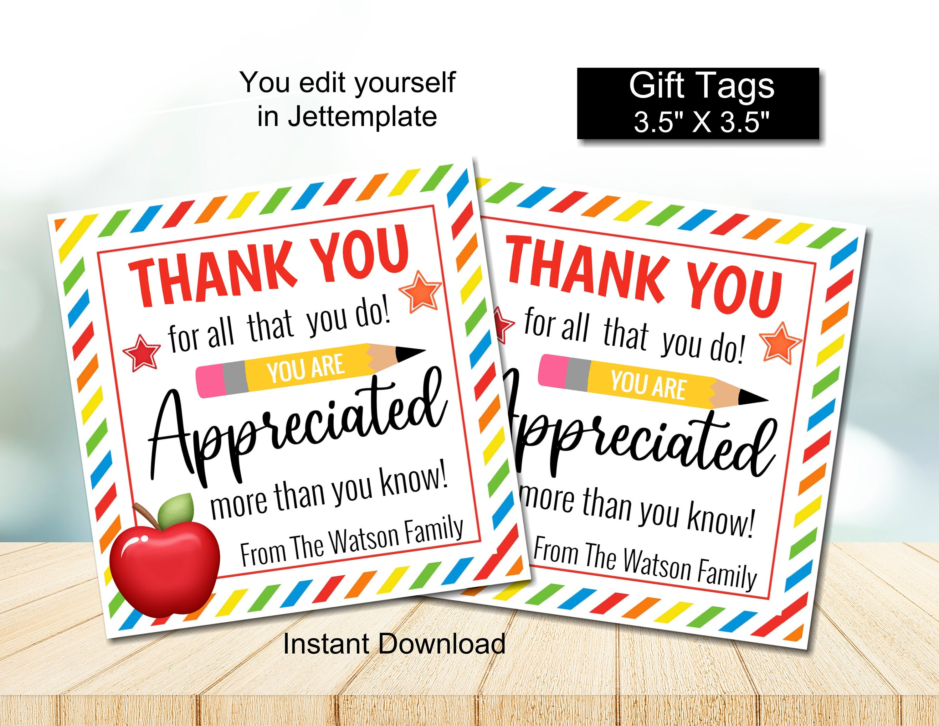 Editable Teacher Appreciation Tags, Teacher Thank You Gift Tag, Thank ...